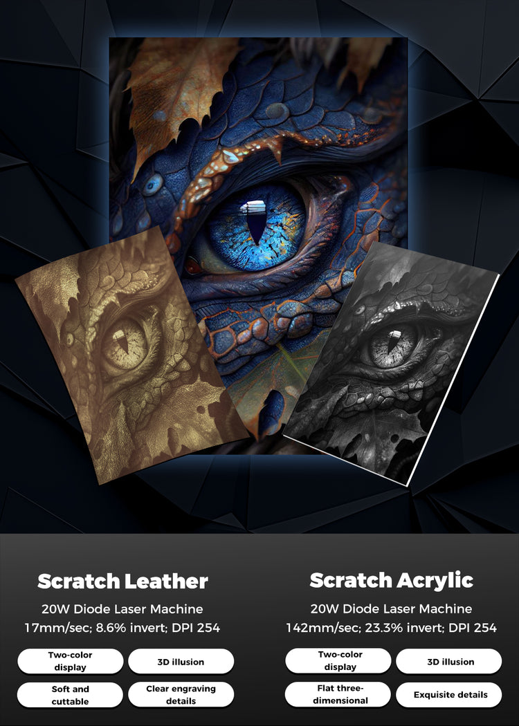 Laser engraving materials, scratched acrylic and leather, metal, etc.